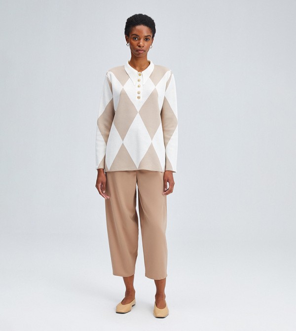 Buy Touché Diamond Patterned Collared Knit Tunic In Beige | 6thStreet ...
