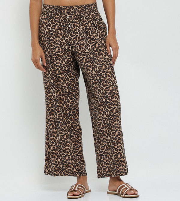 Buy Born Urban Leopard Printed Elastic Waist Wide Leg Pants In Brown ...