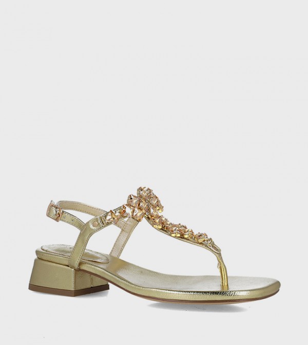 Buy Menbur SPINIENSIS Embellished T Strap Flat Sandals In Gold ...