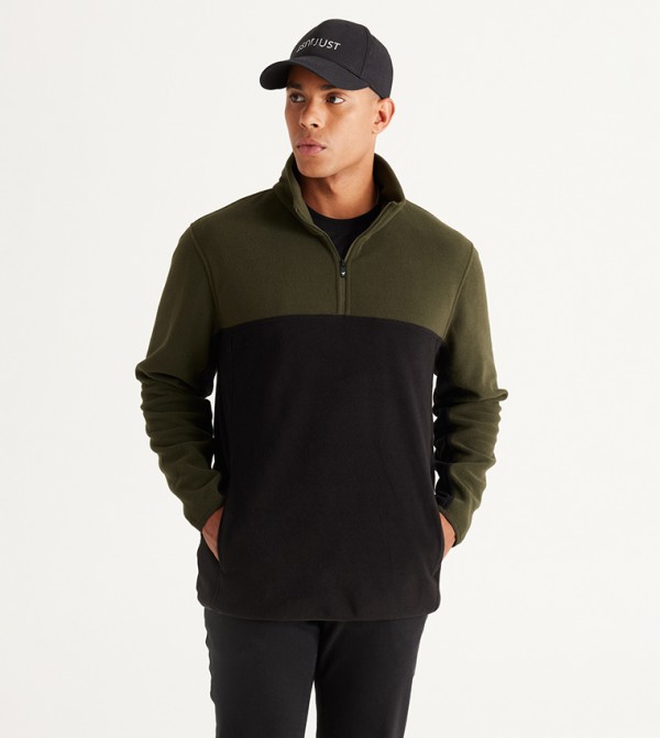 Buy ALTINYILDIZ CLASSICS Color Block High Neck Fleece Jacket In Khaki ...