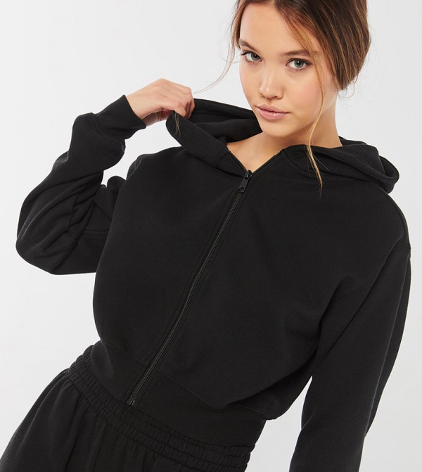 Buy Ardene Solid Crop Zip Up Hoodie In Black | 6thStreet Qatar