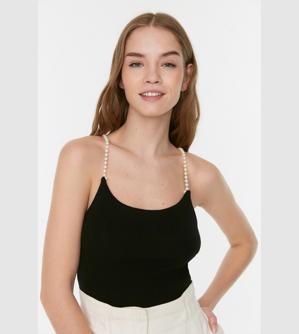 Buy Trendyol Ribbed Strap Detailed Top In Black | 6thStreet Qatar