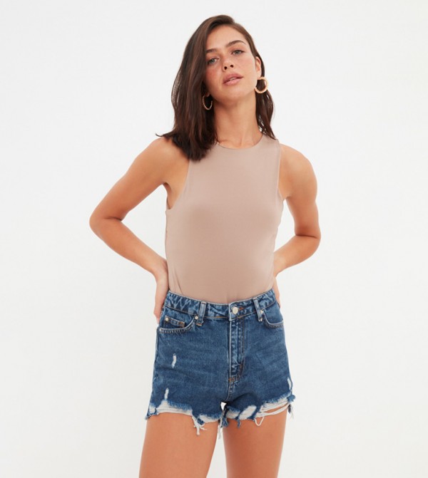 Buy Trendyol Ripped Mini Denim Shorts In Blue | 6thStreet UAE