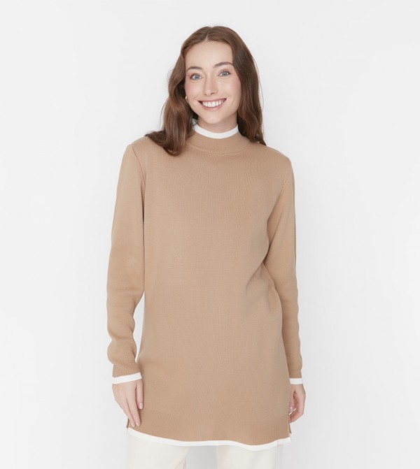 Buy Trendyol Solid Mock Neck Sweater In Beige | 6thStreet Saudi Arabia