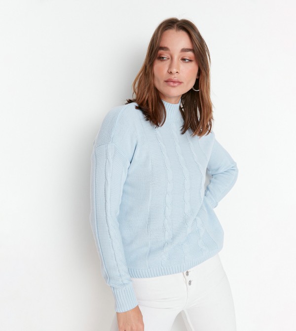 Buy Trendyol Cable Knit Mock Neck Sweater In Blue | 6thStreet Saudi Arabia