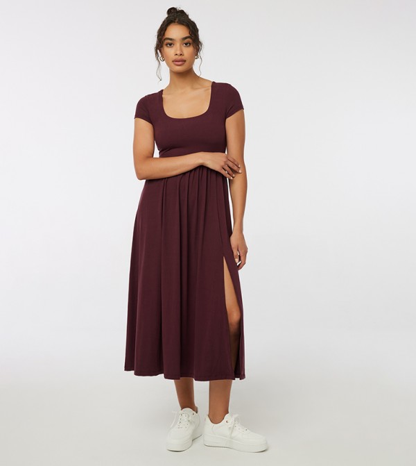 Buy Ardene Square Neck Fit & Flare Midi Dress In Burgundy | 6thStreet ...