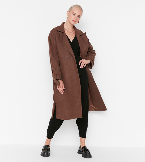 Buy Trendyol Oversized Belted Slit Detailed Stamp Coat In Brown ...