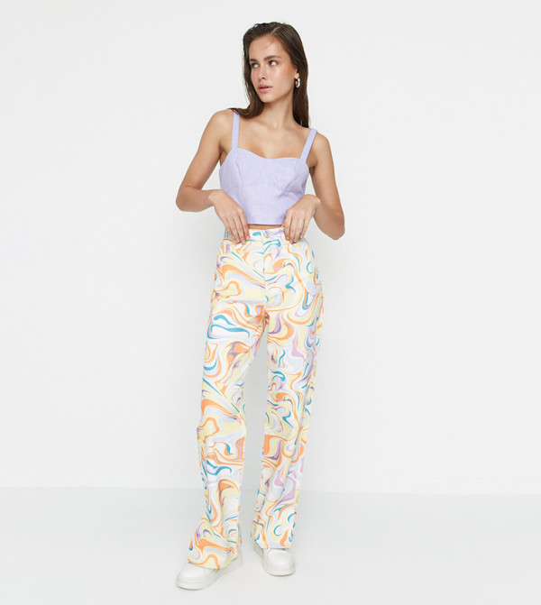 Buy Trendyol Wavy Pattern High Waist Wide Leg Jeans In White ...