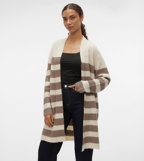 Buy Vero Moda Striped Longline Cardigan In Beige | 6thStreet Qatar