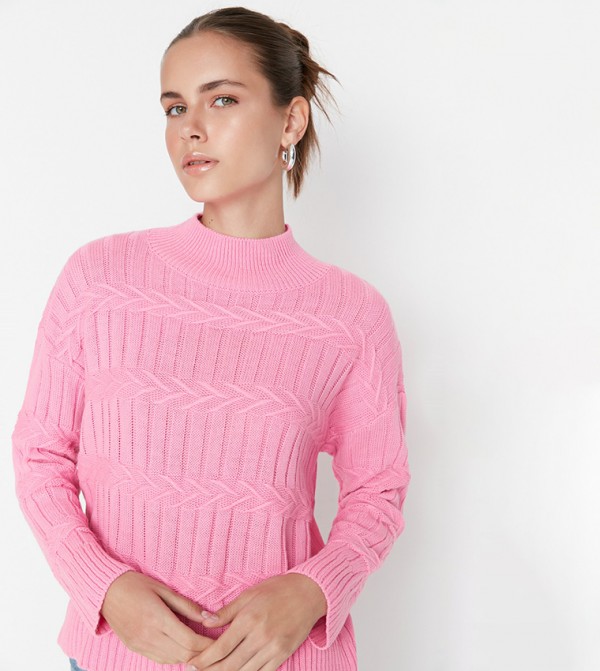 Buy Trendyol Feather Knit Mock Neck Sweater In Pink | 6thStreet Saudi ...