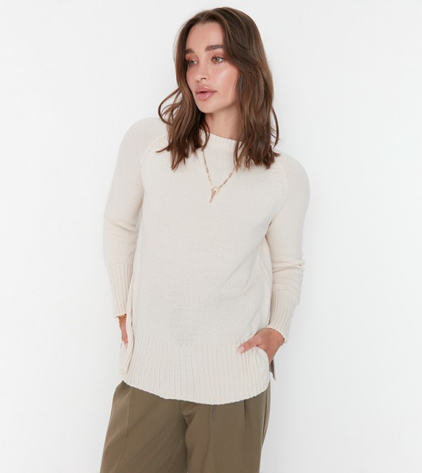 Buy Trendyol Solid Rib Knit Casual Sweater In Beige | 6thStreet Saudi ...