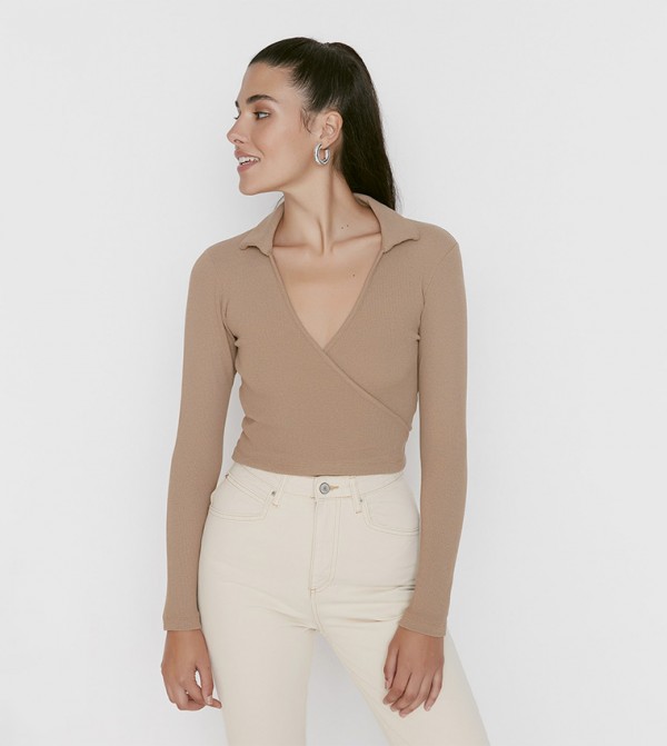 Buy Trendyol Solid Cross Over Crop Top In Camel | 6thStreet UAE