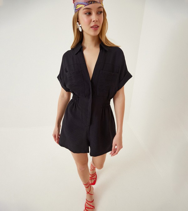 Buy Happiness İstanbul Solid Shirt Collar Playsuit In Black | 6thStreet UAE