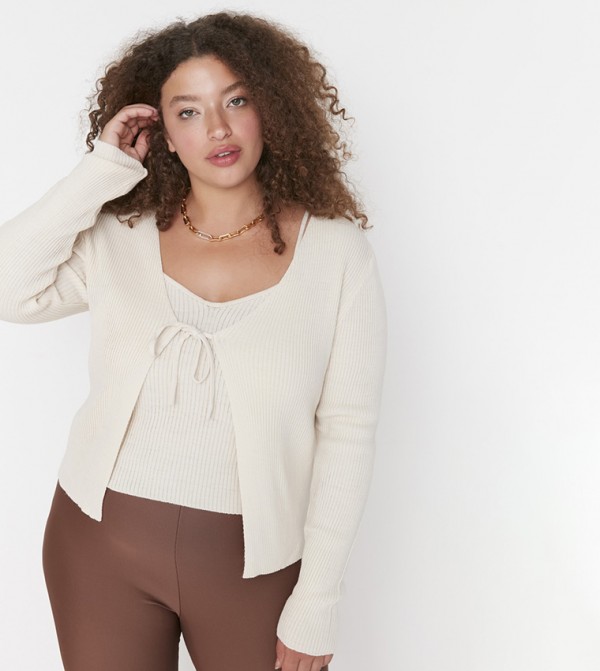 Buy Trendyol Solid Ribbed Tie Up Cardigan In Beige | 6thStreet Qatar