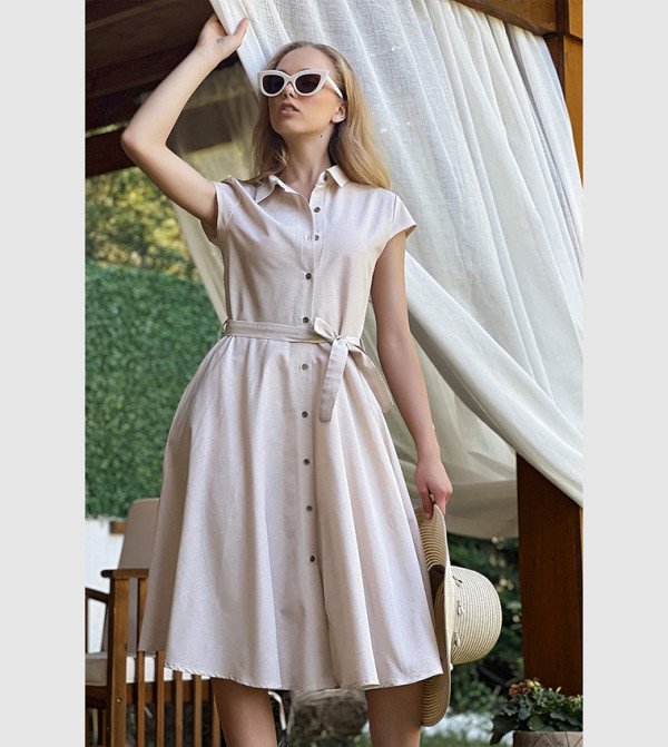 Buy Trend Alaçatı Stili Solid Flared Shirt Dress In Beige | 6thStreet UAE
