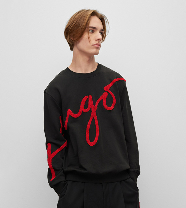 Buy HUGO Logo Signature Embroidered Regular Fit Sweatshirt In Black ...
