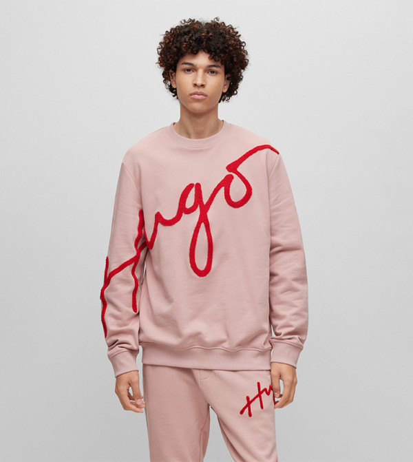 Buy HUGO Logo Signature Embroidered Regular Fit Sweatshirt In Pink ...