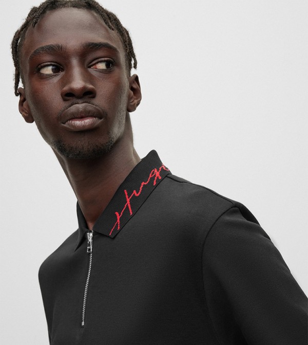 Buy HUGO Signature Collar Detail Half Zip Polo T Shirt In Black ...