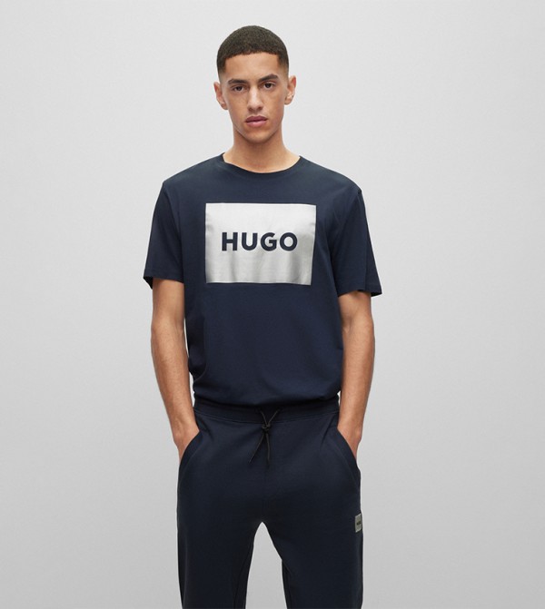 Buy HUGO Logo Print Crew Neck T Shirt In Navy | 6thStreet UAE