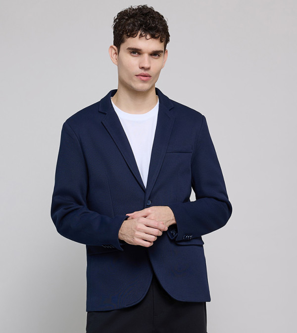 Buy R&B Solid Single Breasted Blazer With Button Closure In NAVY BLUE ...