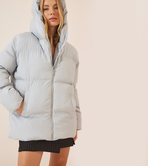 Buy Happiness İstanbul Hooded Oversized Puffer Jacket In Grey ...