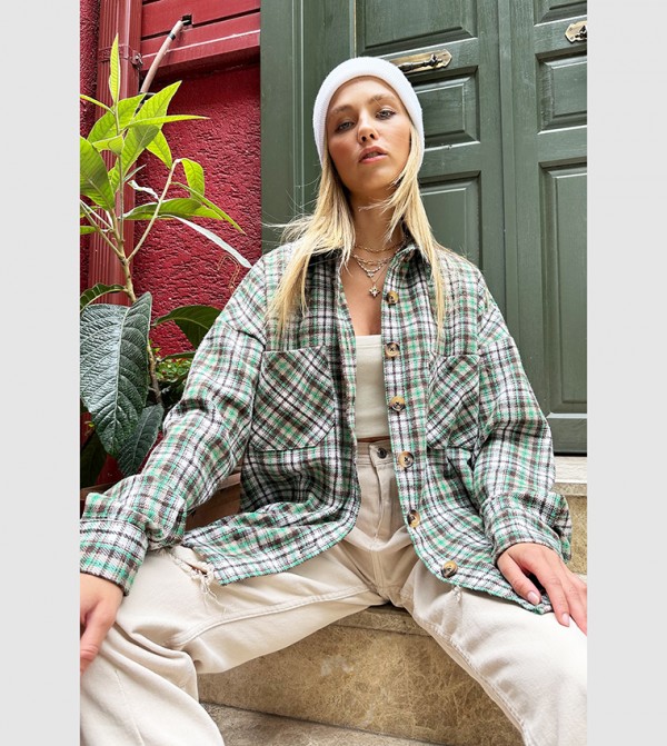 Buy Trend Alaçatı Stili Plaid Patterned Oversized Shacket In Green ...