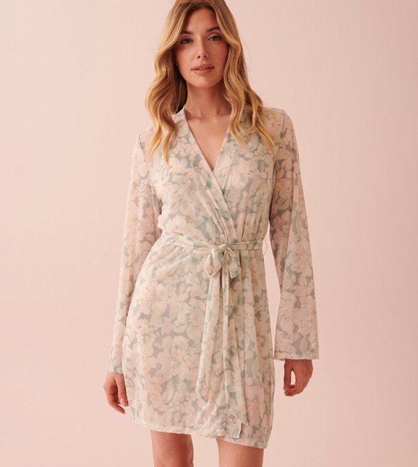 Buy La Vie En Rose Printed Mesh Kimono In Beige | 6thStreet UAE