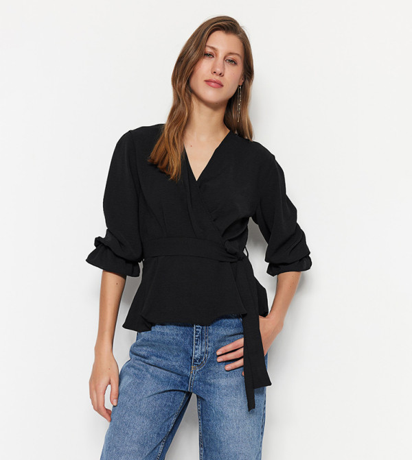 Buy Trendyol Solid Flare Cuff Wrap Top In Black | 6thStreet UAE
