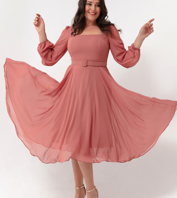 Buy Lafaba Square Neck Flared Dress In Peach | 6thStreet UAE