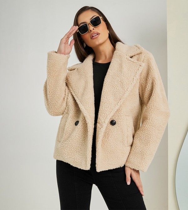 Buy Styli Oversized Faux Fur Jacket In Beige | 6thStreet Saudi Arabia
