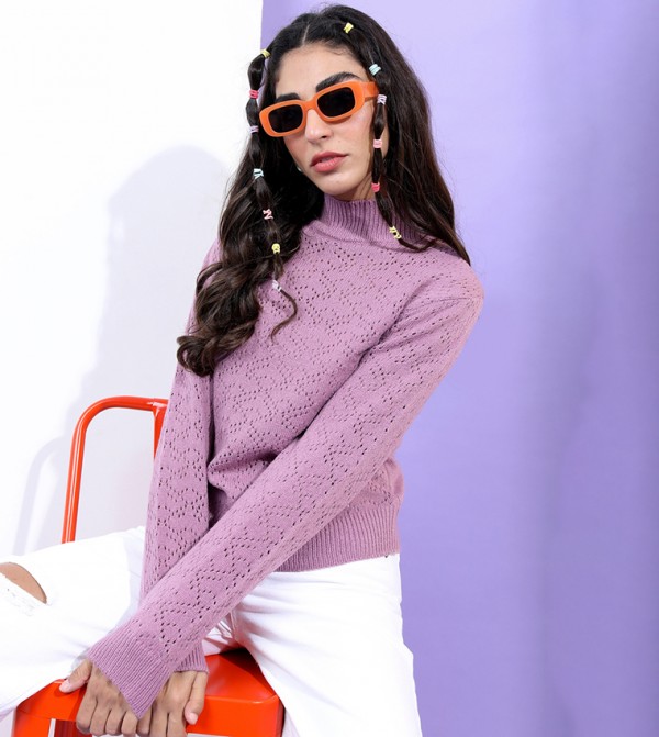 Buy Tokyo Talkies Schiffli Design High Neck Sweater In Purple ...