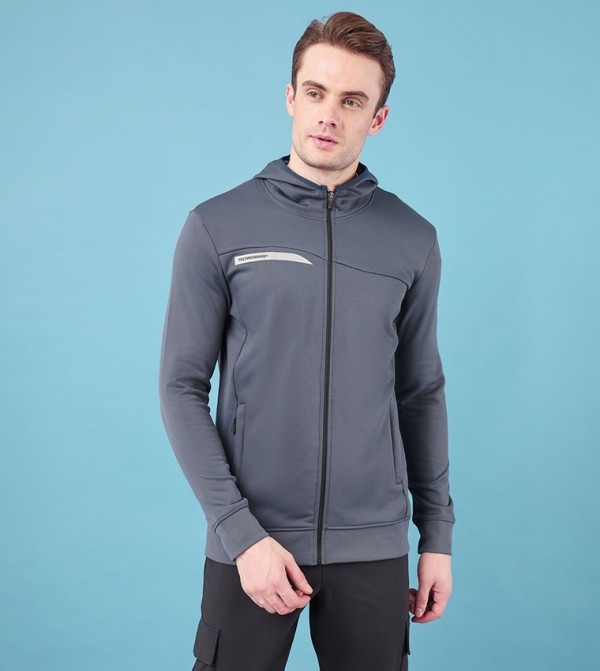 Buy Technosport Hooded Logo Detail Fleece Jacket In Black | 6thStreet ...