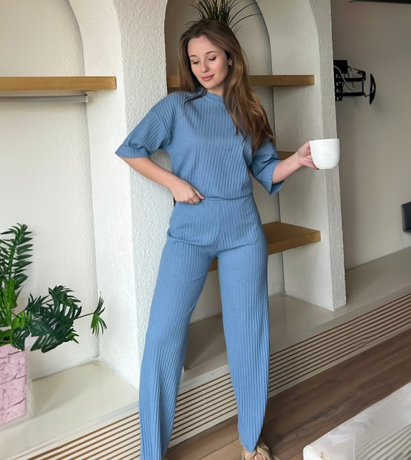 Buy Bianco Lucci Ribbed Co Ord Set In Baby Blue | 6thStreet UAE