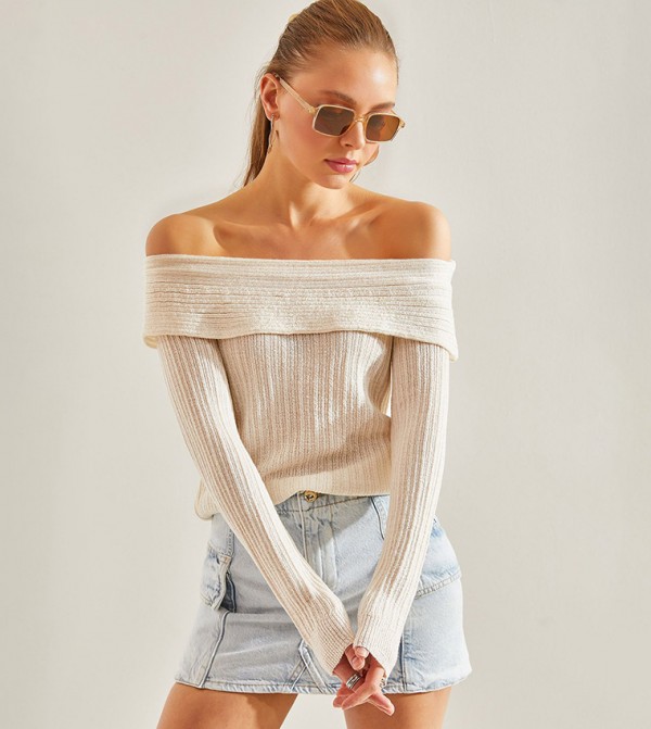 Buy Bianco Lucci Outlet Ribbed Off Shoulder Top In Beige | 6thStreet Saudi Arabia