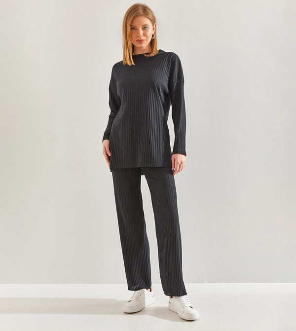 Buy Bianco Lucci Ribbed Long Sleeves Co Ord Set In Black | 6thStreet UAE