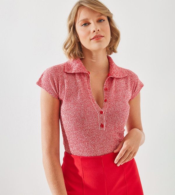 Buy Bianco Lucci Textured Collared Bodysuit Top In Red | 6thStreet UAE