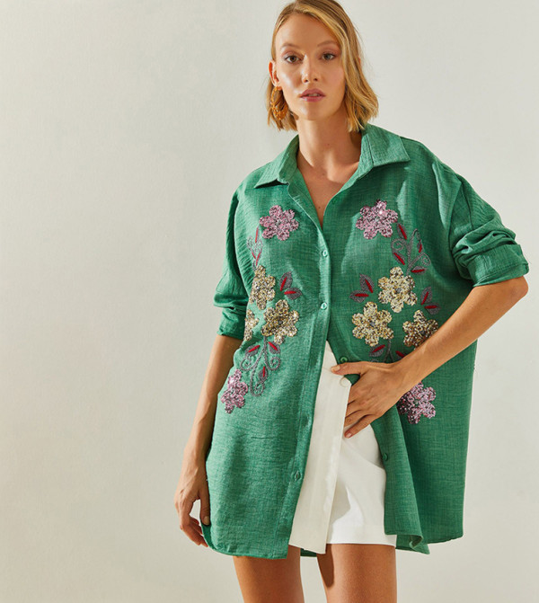 Buy Bianco Lucci Embroidered Linen Shirt In Green | 6thStreet UAE