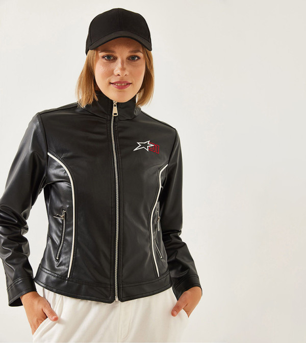 Buy Bianco Lucci Embroidered Leather Coat In Black | 6thStreet Qatar