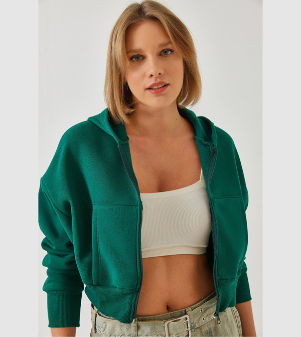 Buy Bianco Lucci Zippered Long Sleeves Hooded Jacket In Green ...