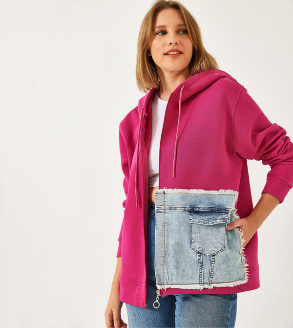Buy Bianco Lucci Denim Detail Hooded Cardigan In Fuchsia | 6thStreet UAE