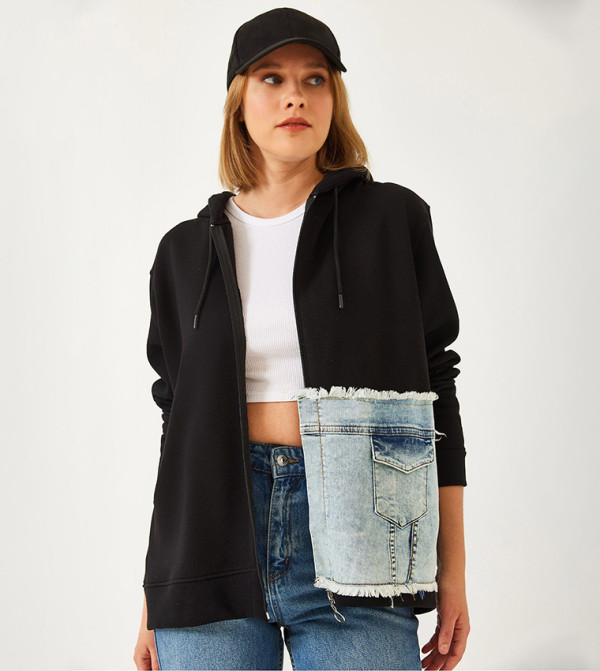 Buy Bianco Lucci Denim Detail Hooded Cardigan In Black | 6thStreet UAE