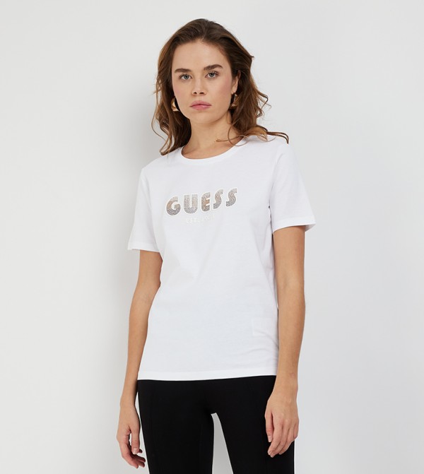 Buy Guess Logo Embellished Short Sleeves T Shirt In White | 6thStreet ...