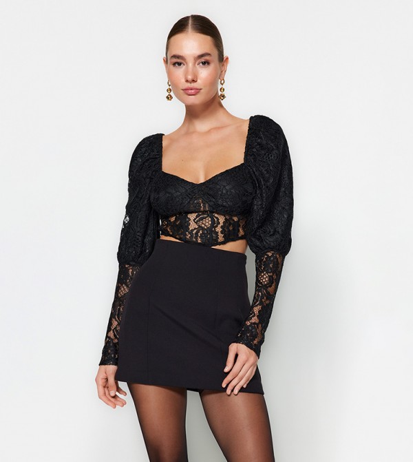 Buy Trendyol Leg Of Mutton Sleeves Sweetheart Neck Lace Crop Top In ...