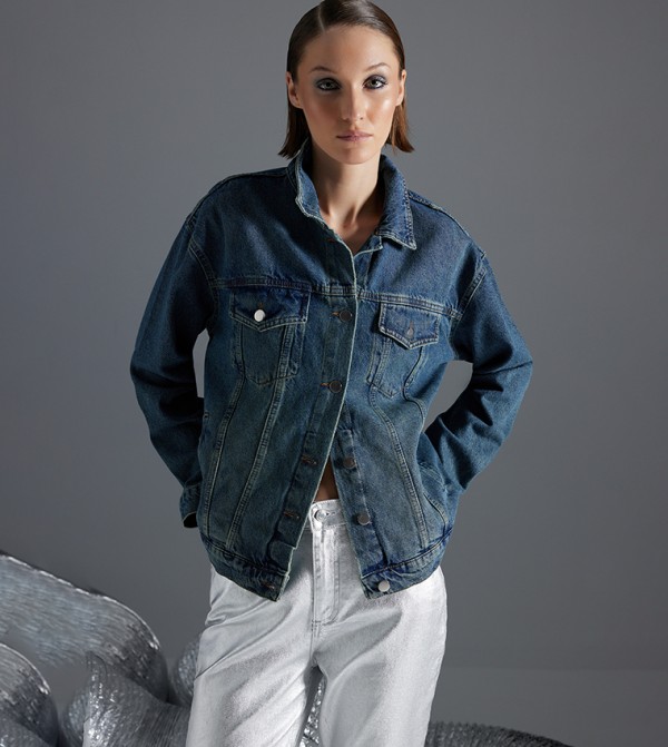 Buy Trendyol Faded Collared Oversized Denim Jacket In Blue | 6thStreet ...
