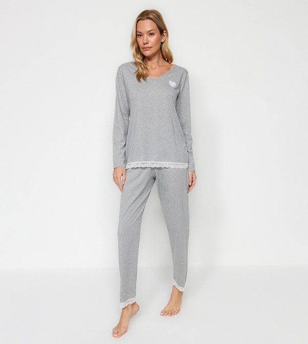 Buy Trendyol Heart Embroidered Lace Detail Pajama Set In Grey ...
