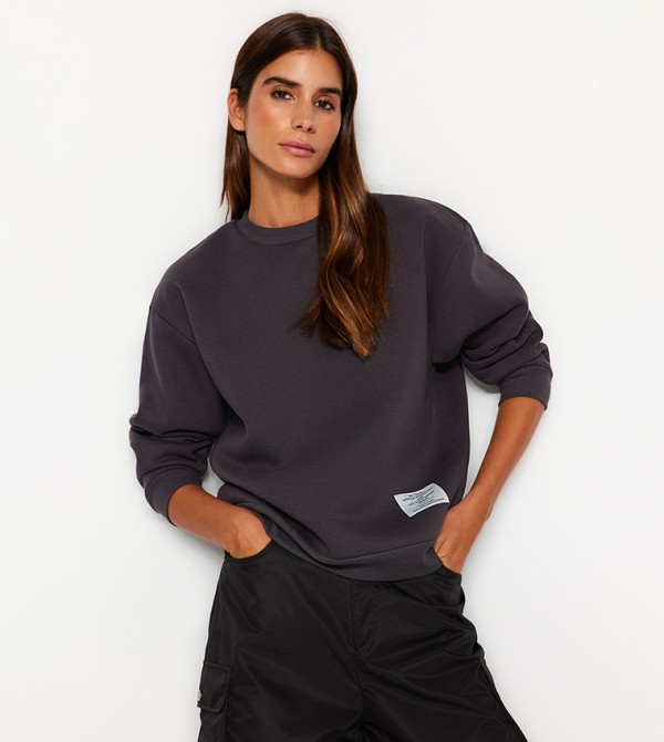 Buy Trendyol Label Detail Crew Neck Knitted Sweatshirt In Grey ...
