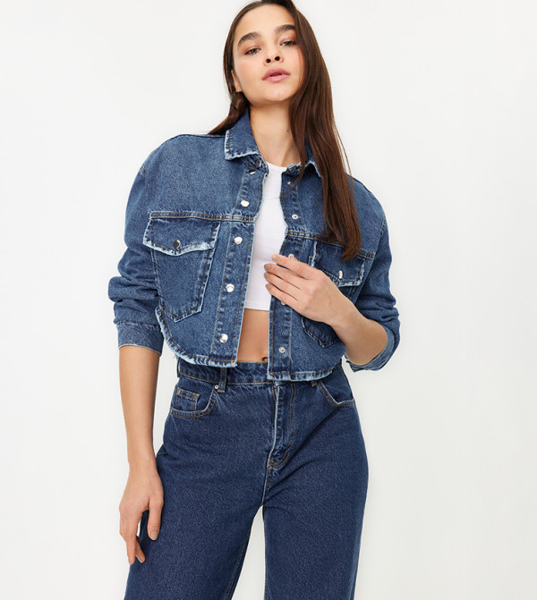 Buy Trendyol Ripped Detail Oversized Cropped Denim Jacket In Blue