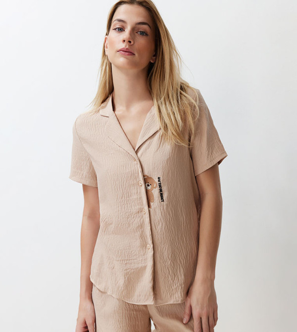 Buy Trendyol Teddy Bear Embroidered Satin Pajama Set In Beige ...