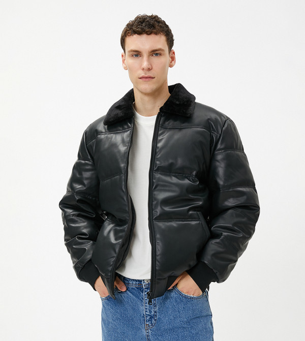 Buy Koton Faux Leather Puffer Jacket In Black | 6thStreet UAE