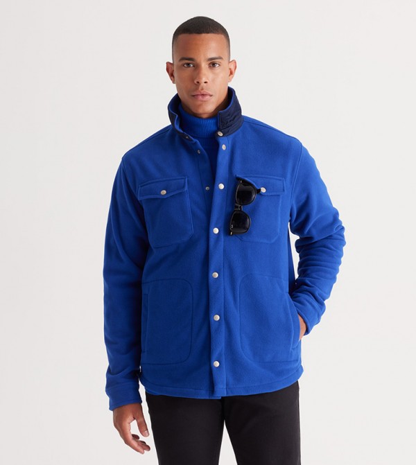 Buy ALTINYILDIZ CLASSICS Solid High Neck Fleece Jacket In NAVY BLUE ...